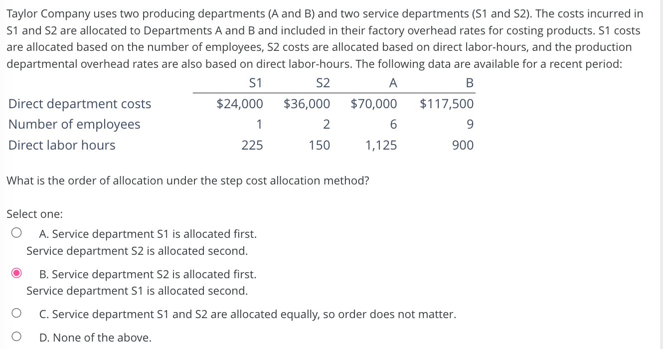 Solved Taylor Company uses two producing departments (A and | Chegg.com