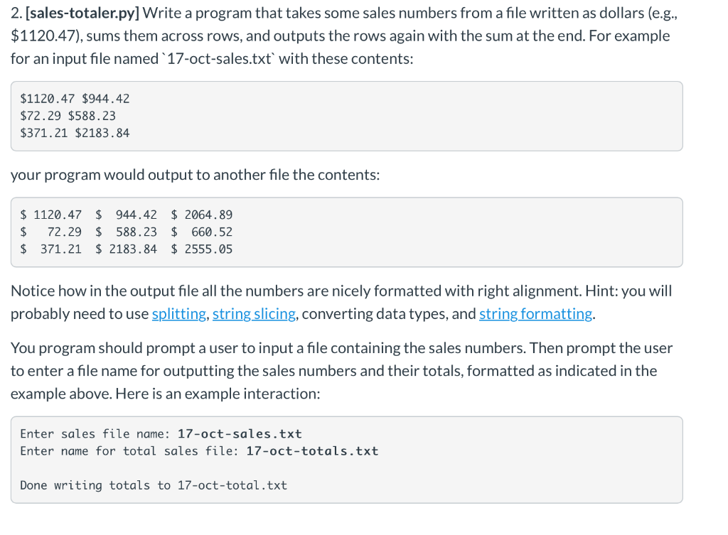 2. [sales-totaler.py] Write a program that takes some | Chegg.com