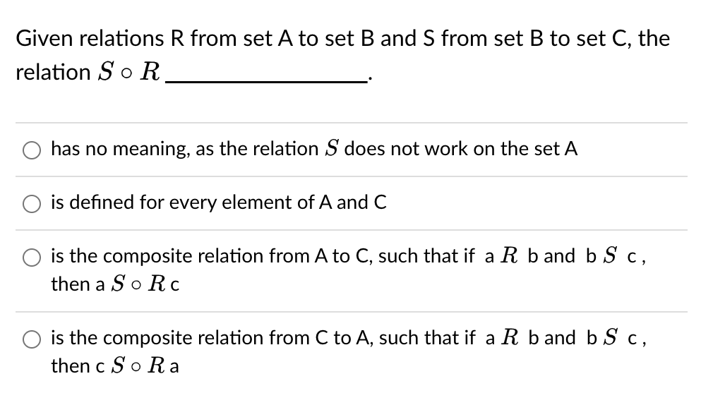 Solved Given relations R from set A to set B and S from set | Chegg.com