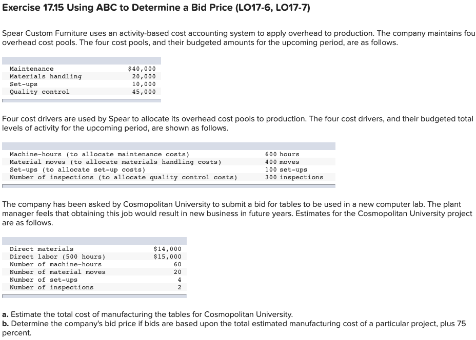 Solved Exercise 17.15 Using ABC to Determine a Bid Price | Chegg.com