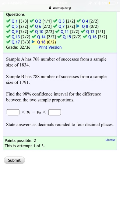 Solved a wamap.org 17 [3/3] ? Q 18 (0/2) Grade: 32/36 Print | Chegg.com