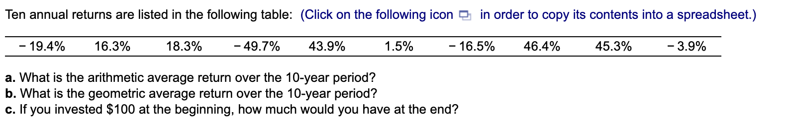 Solved A What Is The Arithmetic Average Return Over The 10