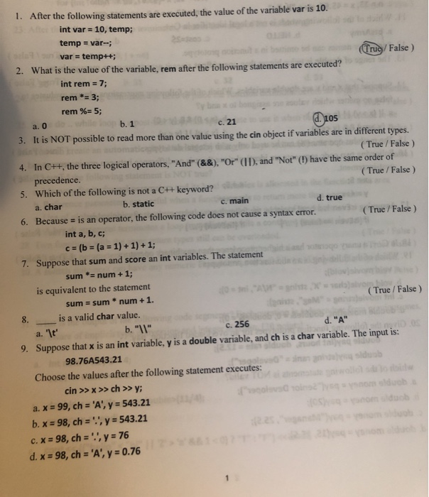 Solved 1. After the following statements are executed, the | Chegg.com