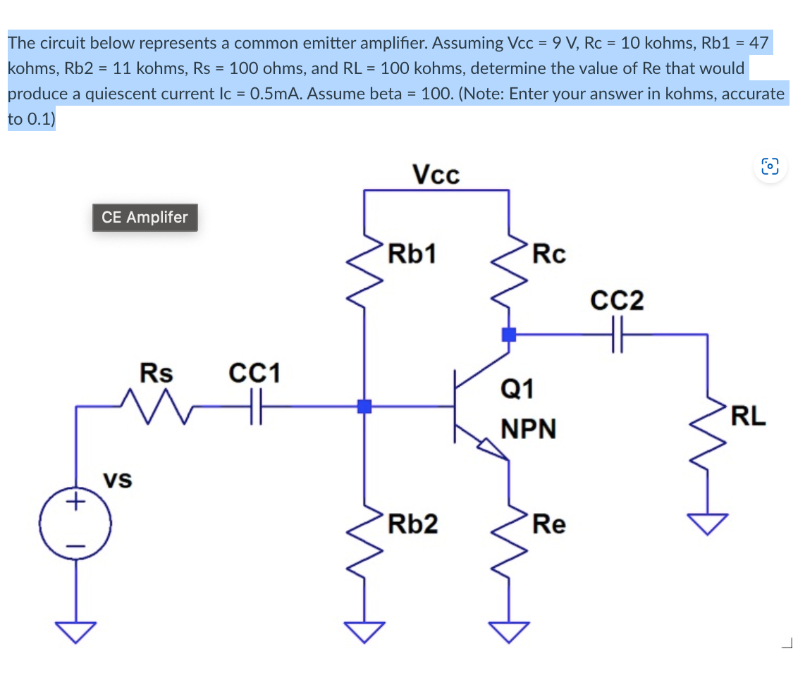 Solved The circuit below represents a common emitter | Chegg.com
