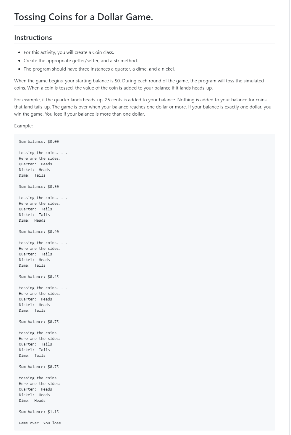 Solved Tossing Coins for a Dollar Game. Instructions • For | Chegg.com