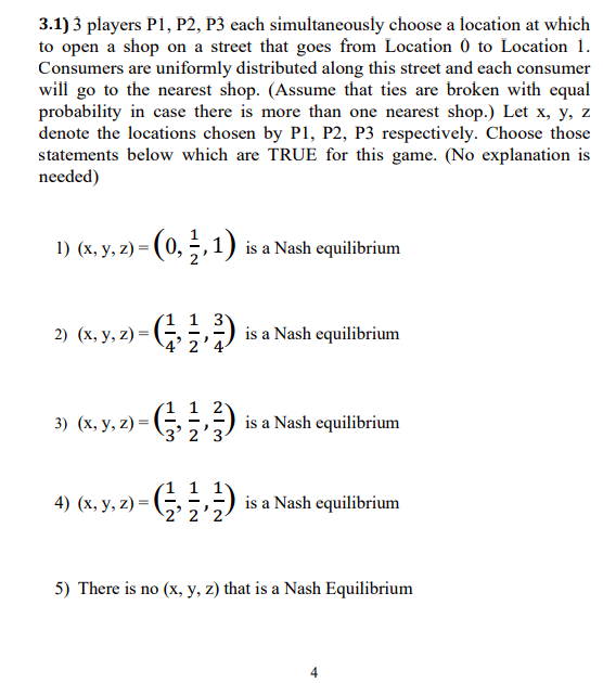 3.1) 3 players P1,P2,P3 each simultaneously choose a | Chegg.com