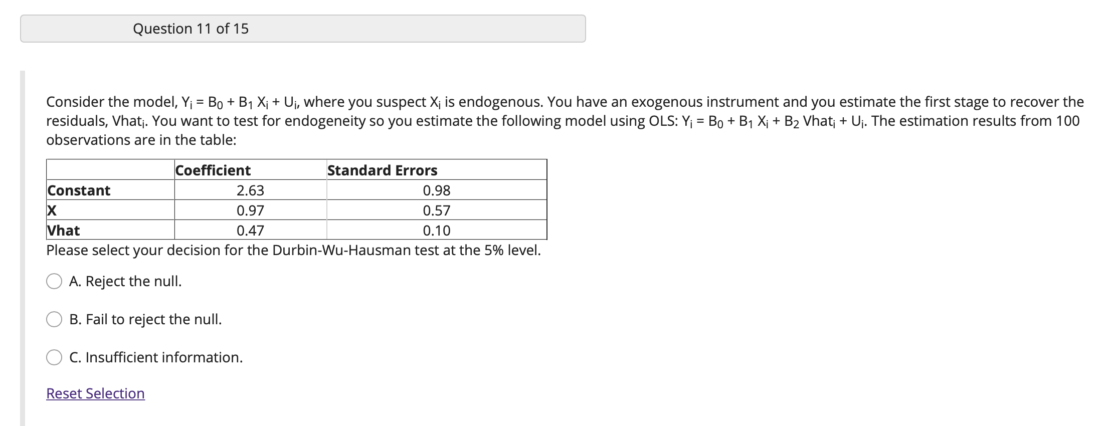 Solved Question 11 of 15 Consider the model, Y; = Bo + B1 Xi | Chegg.com