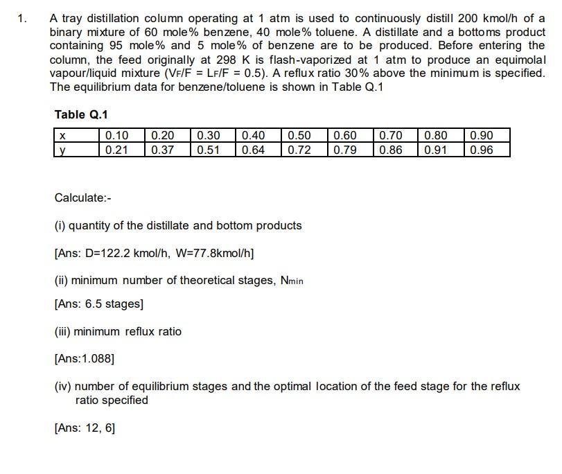Solved 1. A tray distillation column operating at 1 atm is | Chegg.com
