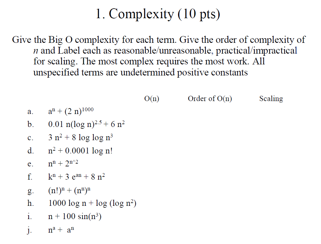 Solved 1. Complexity (10 pts) Give the Big O complexity for | Chegg.com