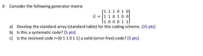 Solved 3- Consider the following generator matrix 11 101 0 G | Chegg.com