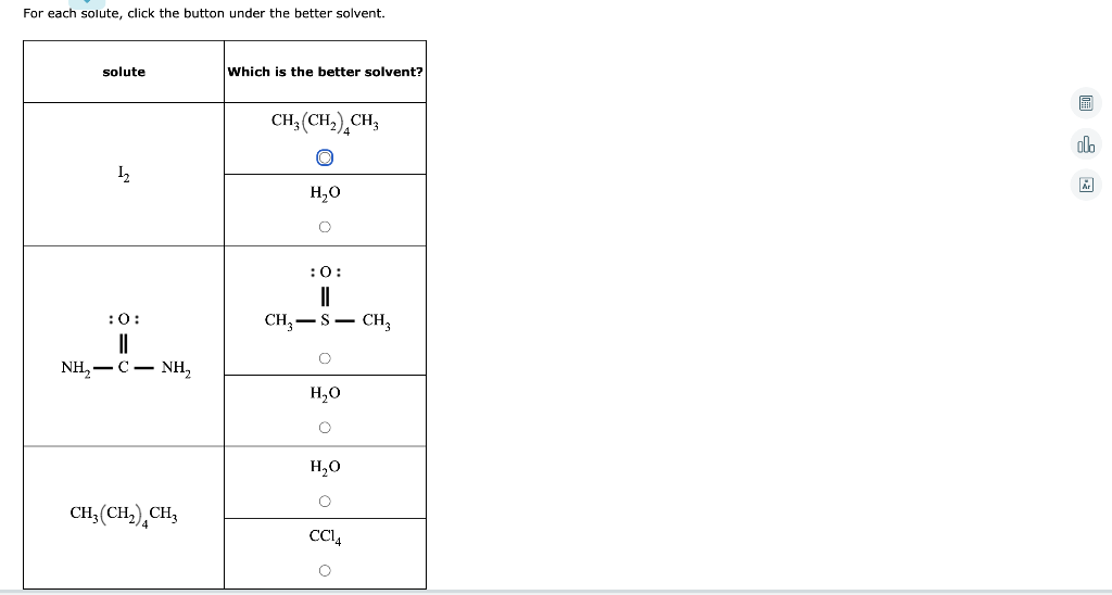 Solved For each solute, click the button under the better | Chegg.com