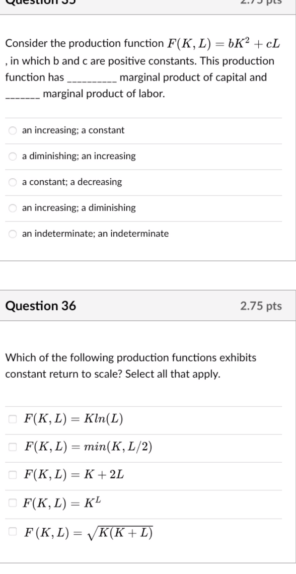 Solved Consider the production function F(K, L) = 6K² + cL , | Chegg.com