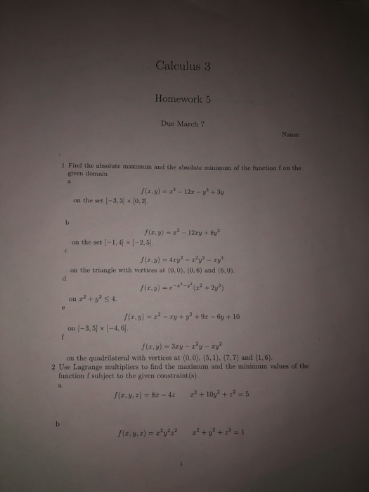 Solved Calculus 3 Homework 5 Due March 7 Name: 1 Find the | Chegg.com
