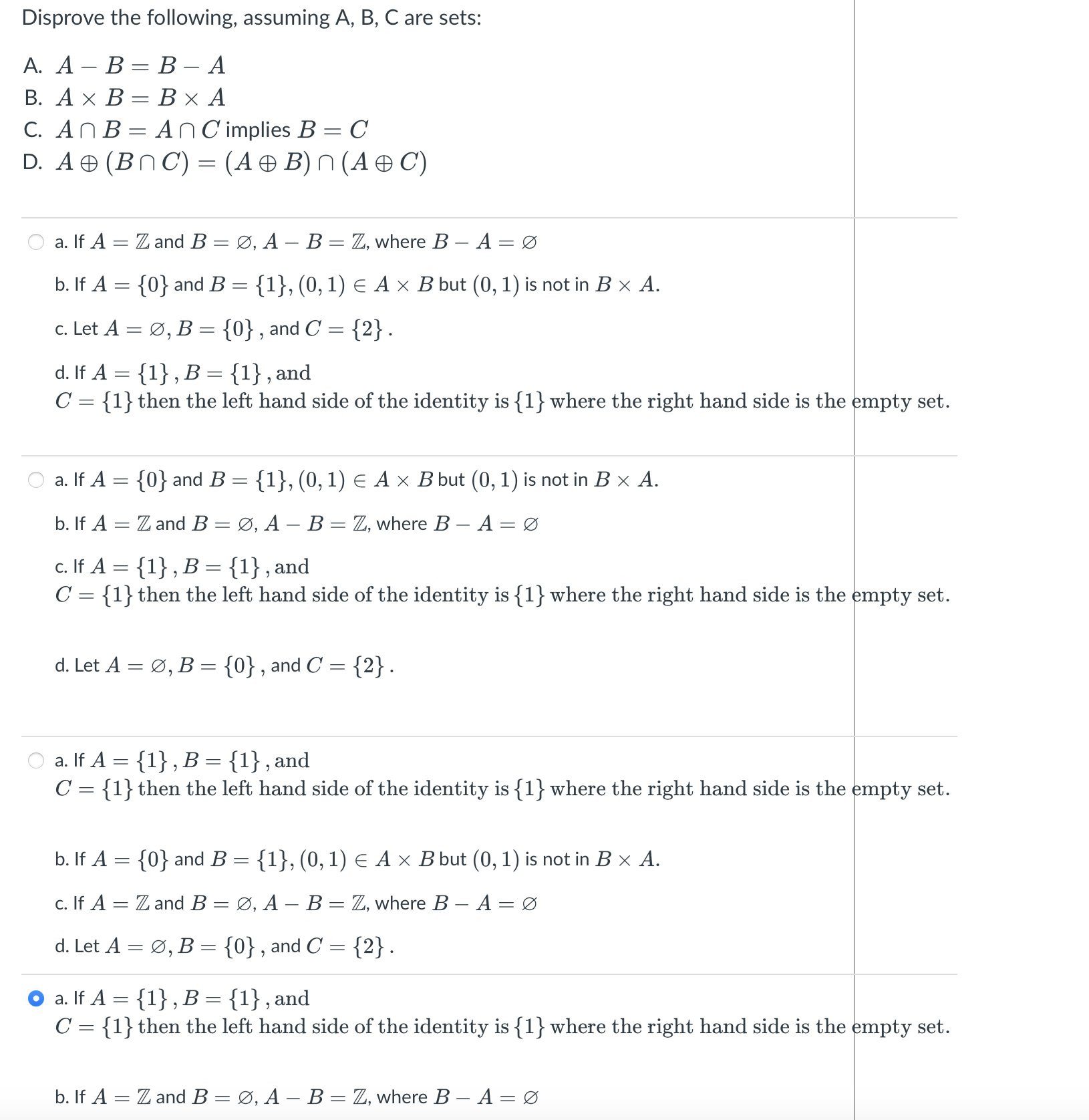 Solved Disprove the following, assuming A,B,C are sets: A. | Chegg.com