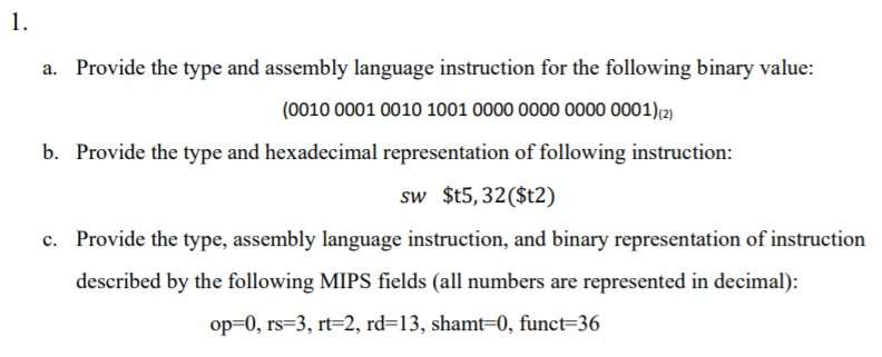 Solved a. Provide the type and assembly language instruction | Chegg.com