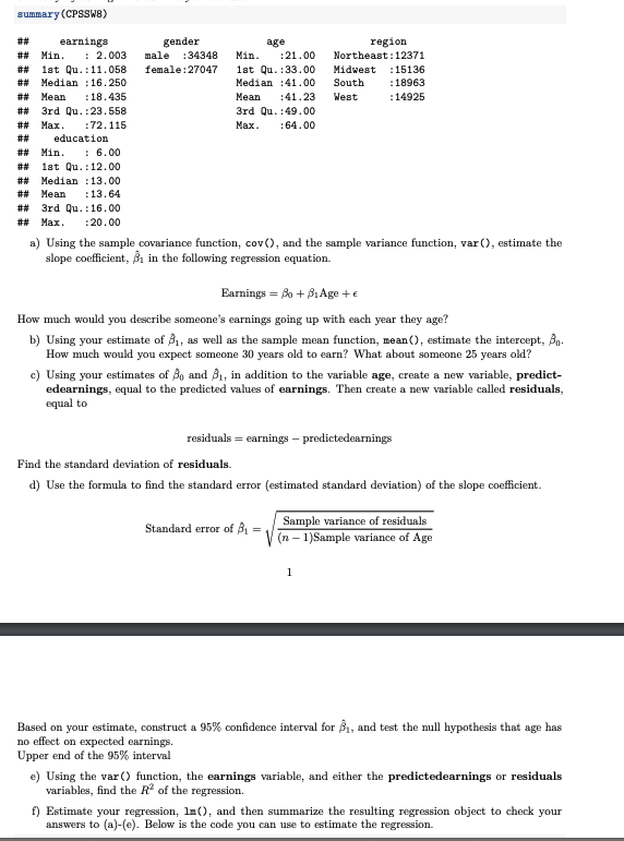 Solved summary (CPSSW8) gender male :34348 earnings8 age | Chegg.com
