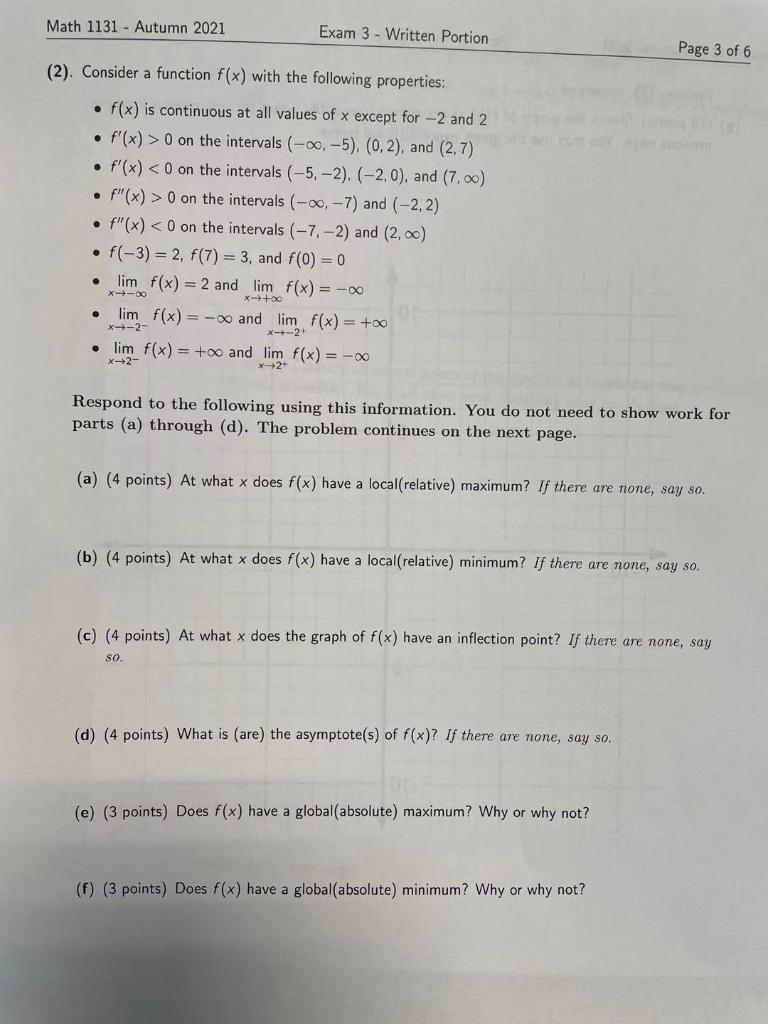 Math 1131 - Autumn 2021 Exam 3 - Written Portion Page | Chegg.com