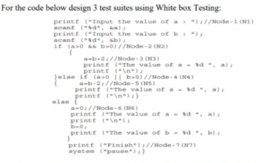 Solved For the code below design 3 test suites using White | Chegg.com