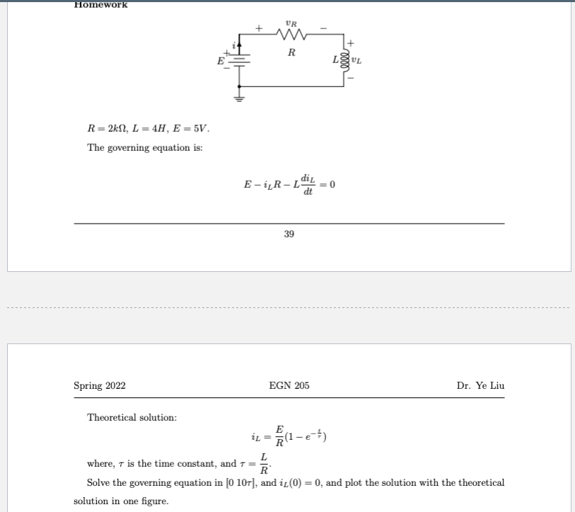 Solved Homework UR R E 10000 UL R=26N, L = 4H, E = 5V. The | Chegg.com