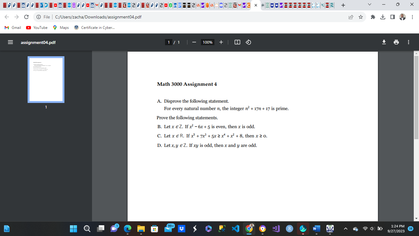 Solved Math 3000 Assignment 4A. Disprove the following | Chegg.com