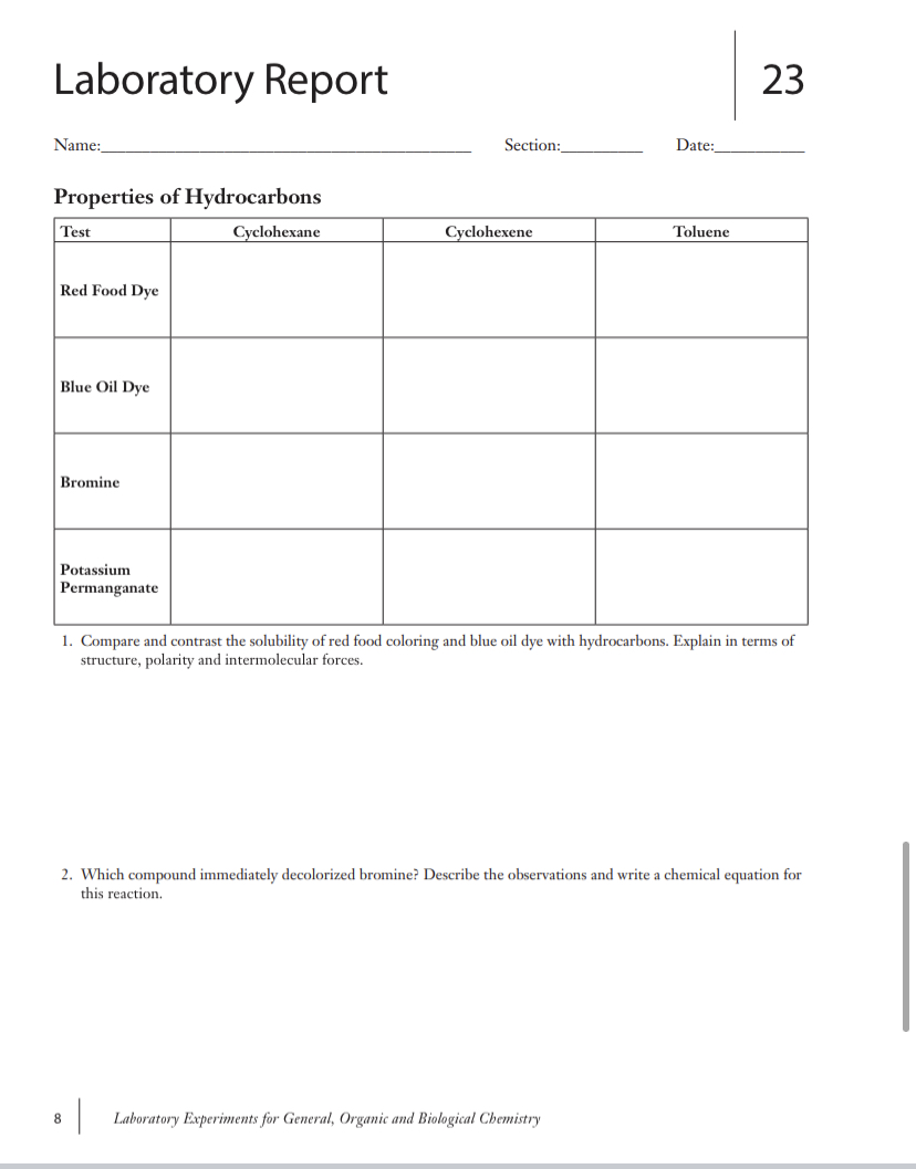 Solved Laboratory Report 23 Name: Section: Date: Properties | Chegg.com