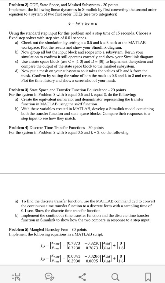 Problem 2) ODE, State Space, and Masked Subsystem - | Chegg.com
