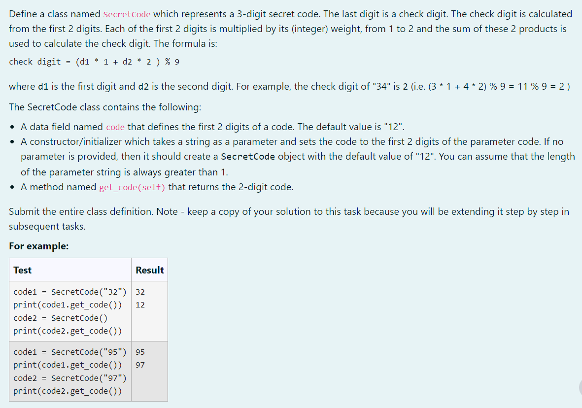 Solved Define a class named secretcode which represents a | Chegg.com