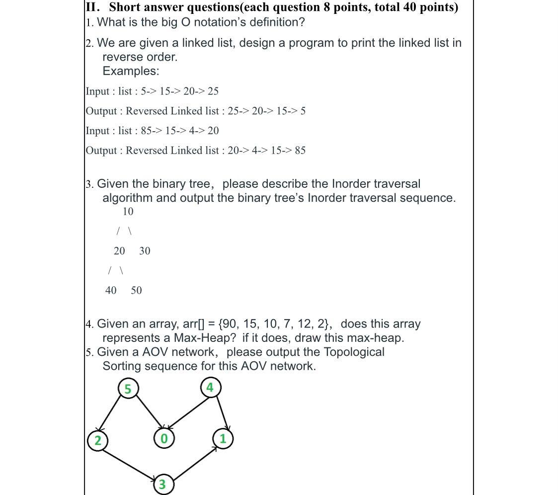 Solved II. Short answer questions (each question 8 points, | Chegg.com