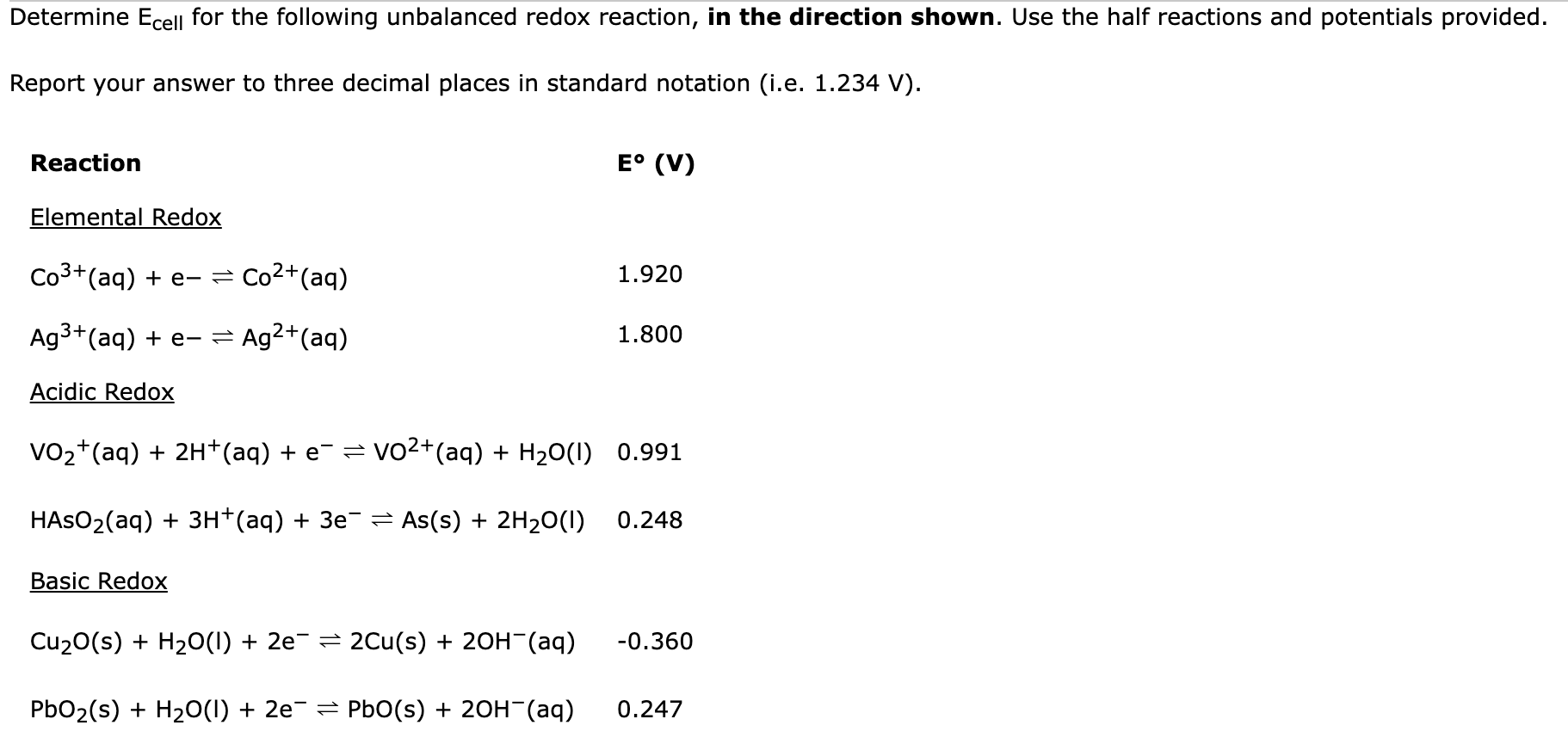 Solved Determine Ecell for the following unbalanced redox | Chegg.com