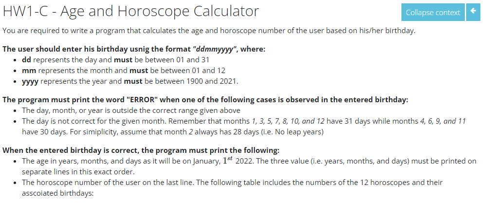 Solved HW1-C - Age and Horoscope Calculator Collapse context | Chegg.com