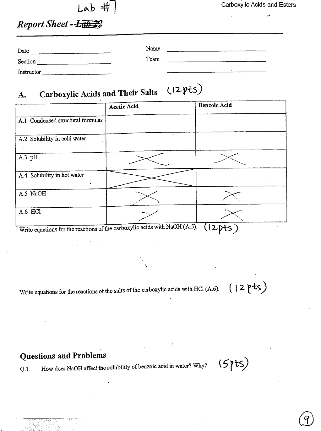 Solved CHM 202L Carboxylic Acids and Esters #7 Report Sheet | Chegg.com