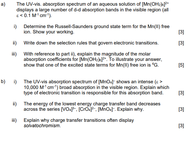 Solved a) ) The UV-vis. absorption spectrum of an aqueous | Chegg.com
