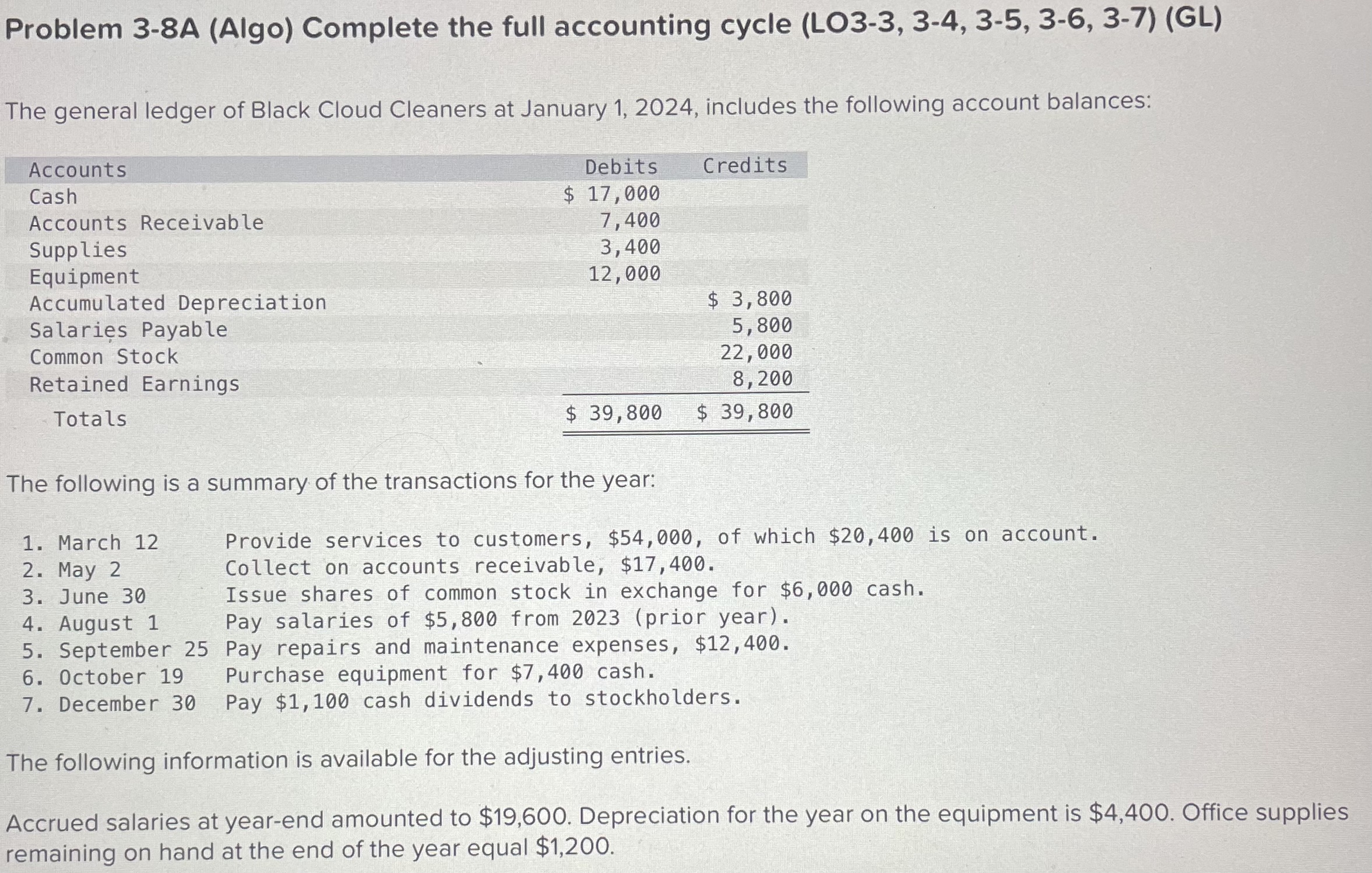 Solved Problem 3-8A (Algo) Complete the full accounting | Chegg.com