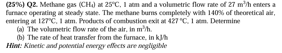 Solved (25%) Q2. ﻿Methane gas (CH4) at 25°C,1atm and a | Chegg.com