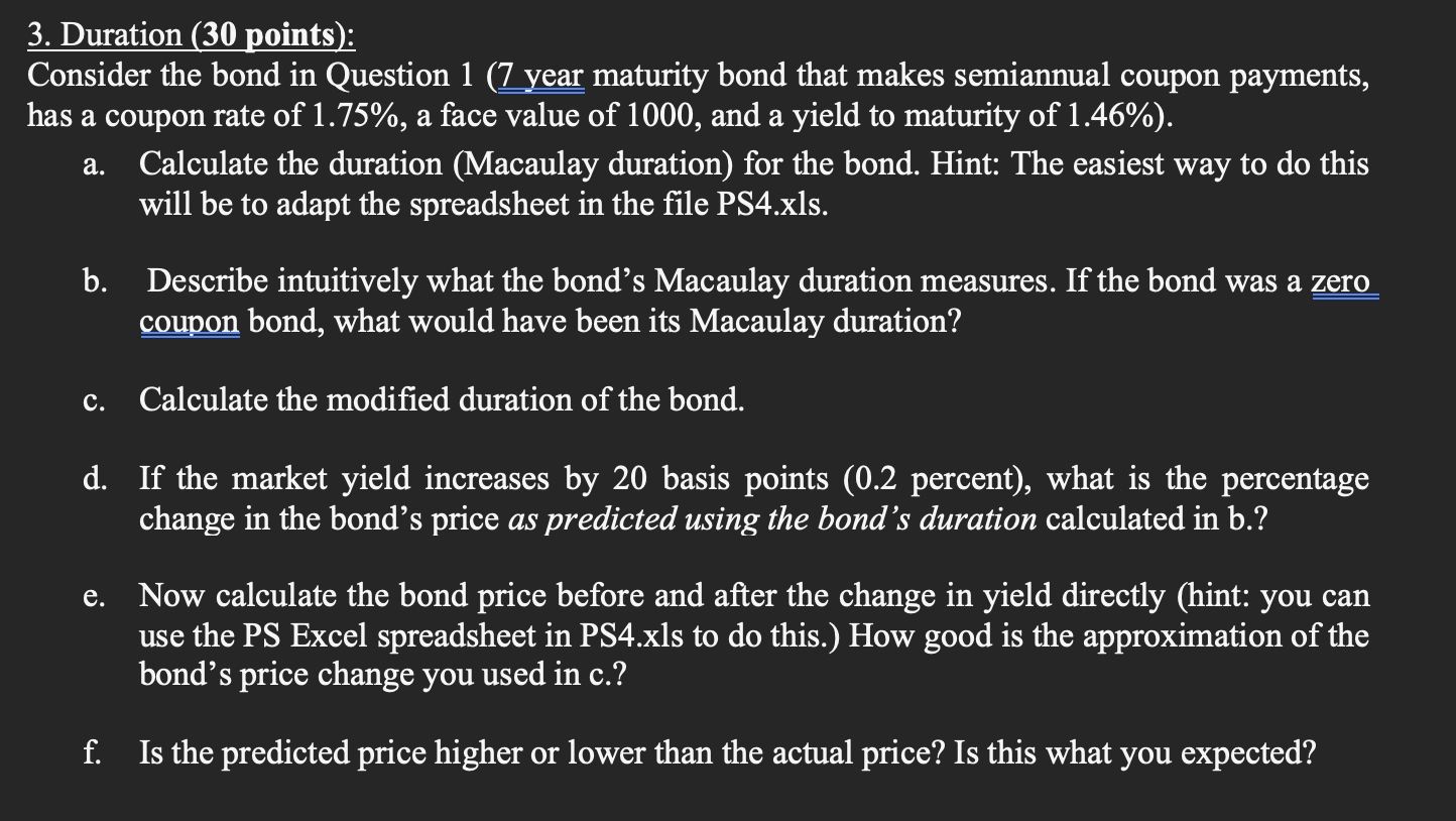 Solved 3. Duration (30 points): Consider the bond in | Chegg.com