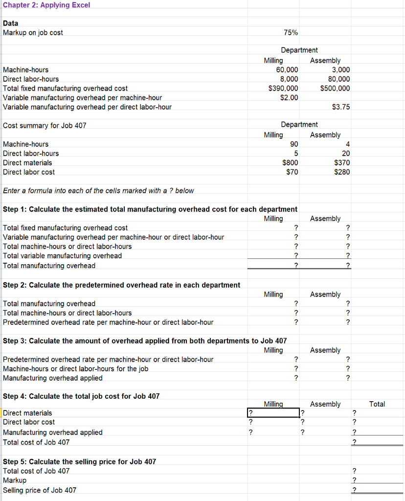 Solved Chapter 2: Applying Excel Data Markup on job cost 75% | Chegg.com