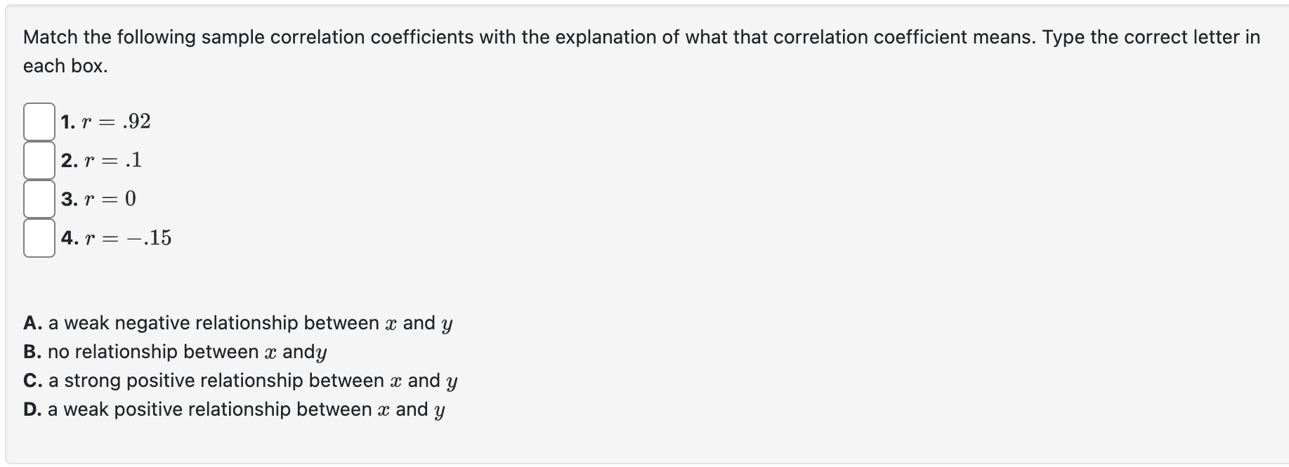 Solved Match the following sample correlation coefficients | Chegg.com
