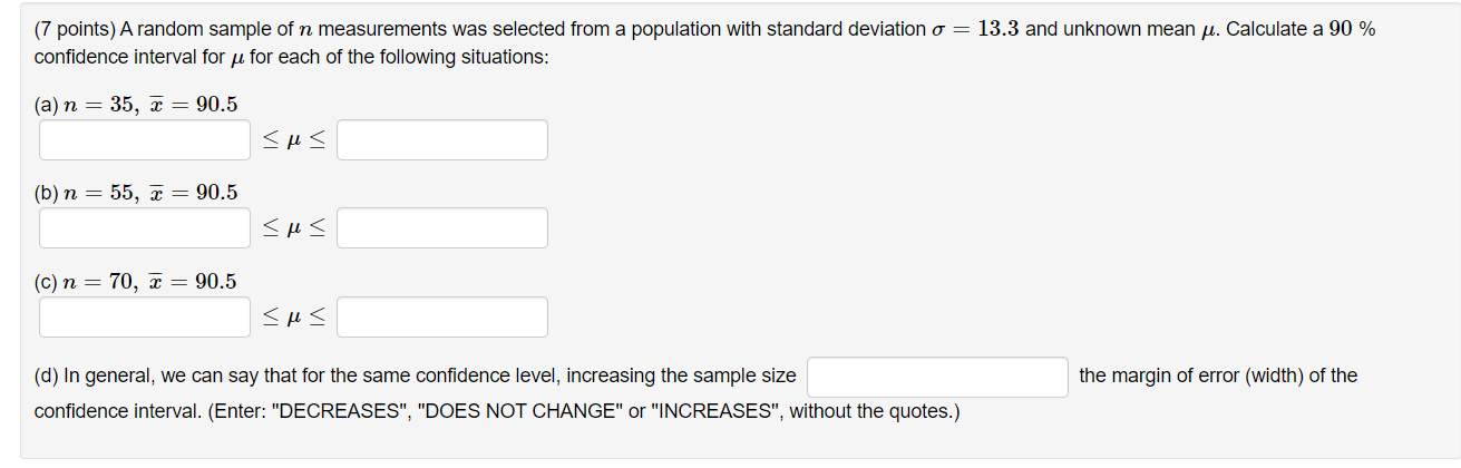 Solved (7 points) A random sample of n measurements was | Chegg.com
