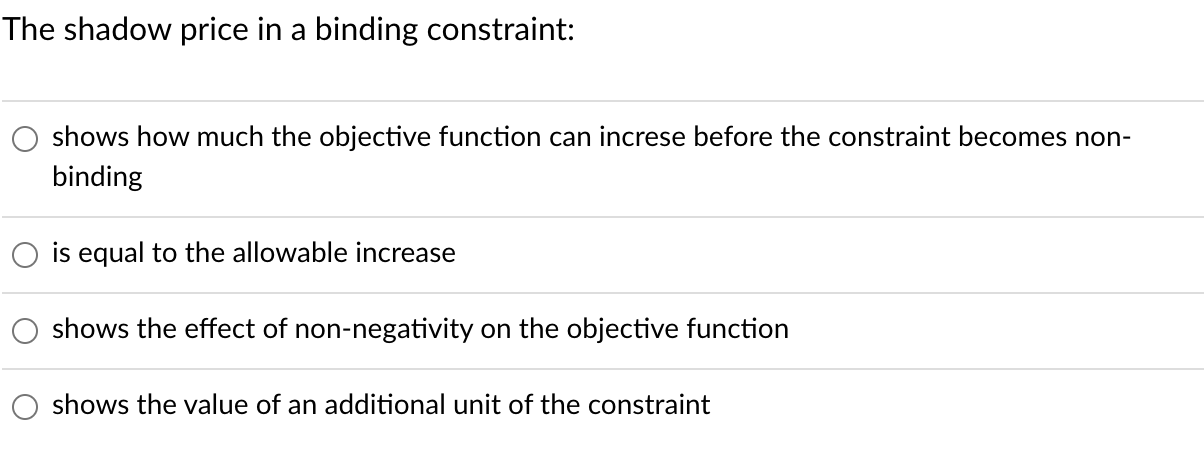 Solved The shadow price in a binding constraint: shows how | Chegg.com