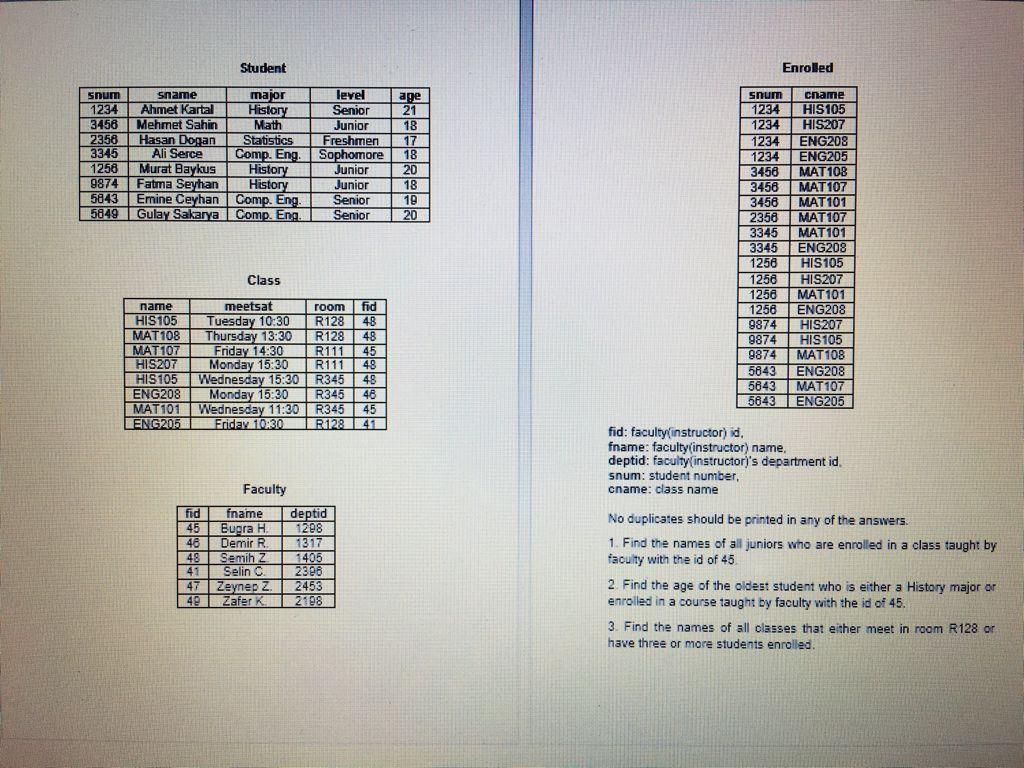 Solved Student Enrolled Snum sname major level age 1234 | Chegg.com