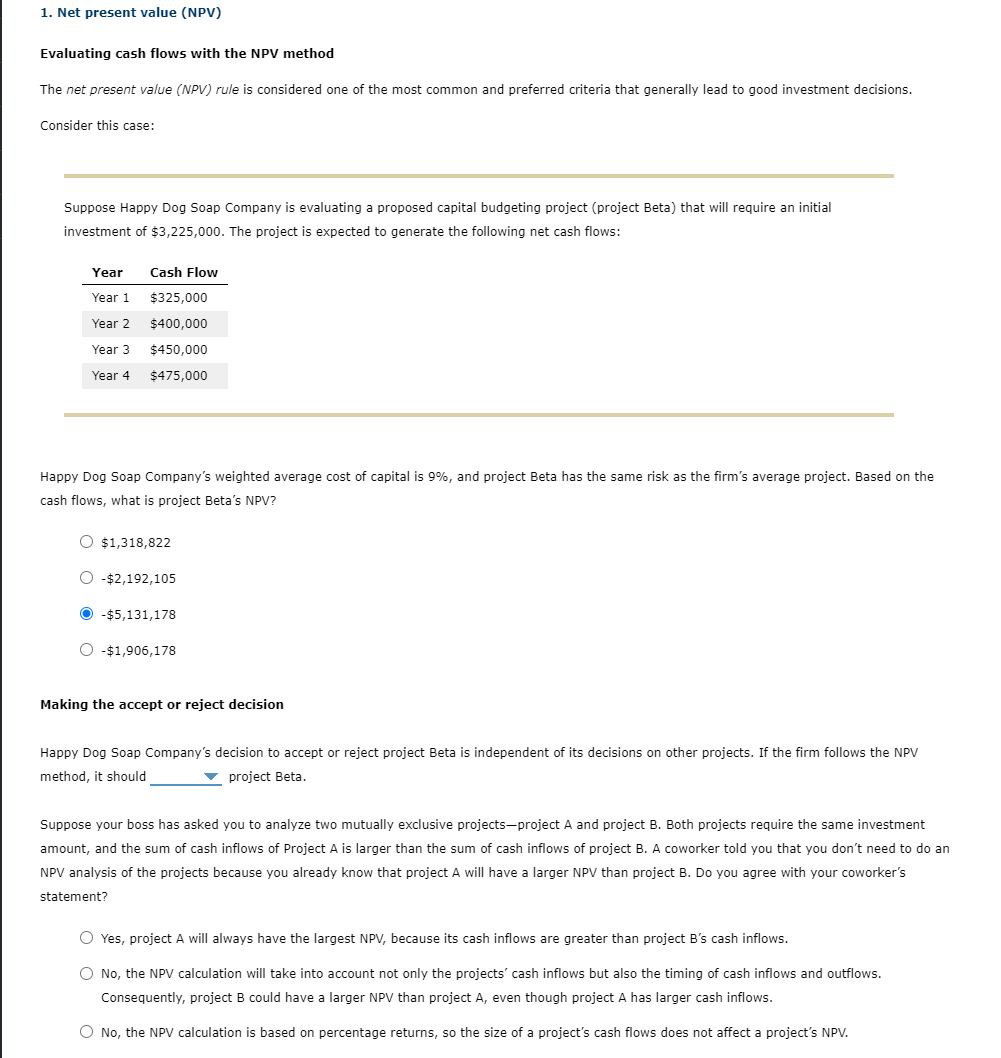 Solved 1. Net present value (NPV) Evaluating cash flows with | Chegg.com