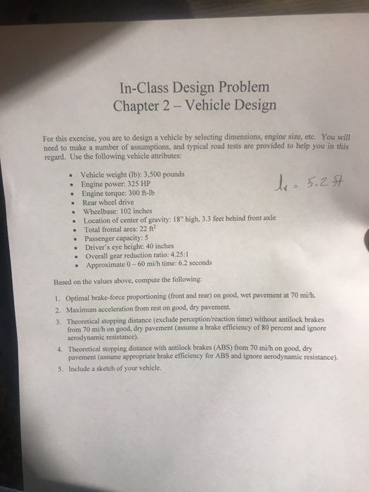 Solved In-Class Design Problenm Chapter 2-Vehicle Design For | Chegg.com