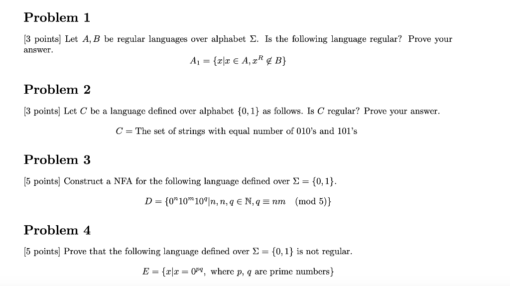 Solved Problem 1 [3 points] Let A, B be regular languages | Chegg.com