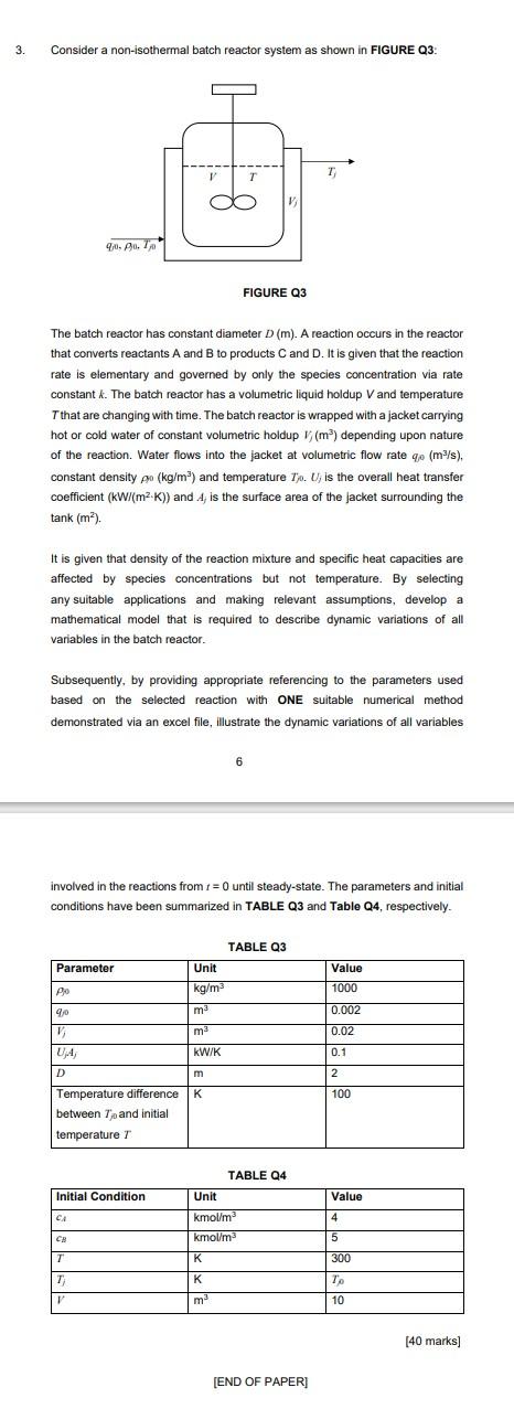 3. Consider a non-isothermal batch reactor system as | Chegg.com