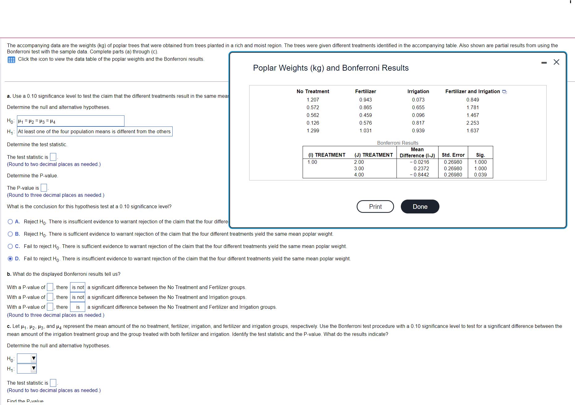 Solved Poplar Weights (kg) and Bonferroni Results a. Use a | Chegg.com