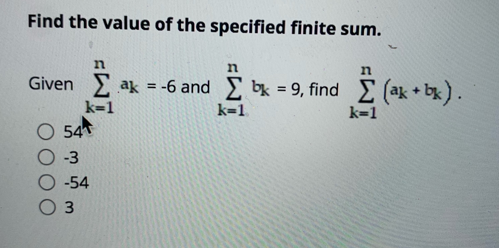 Solved Find the value of the specified finite sum. n n n | Chegg.com