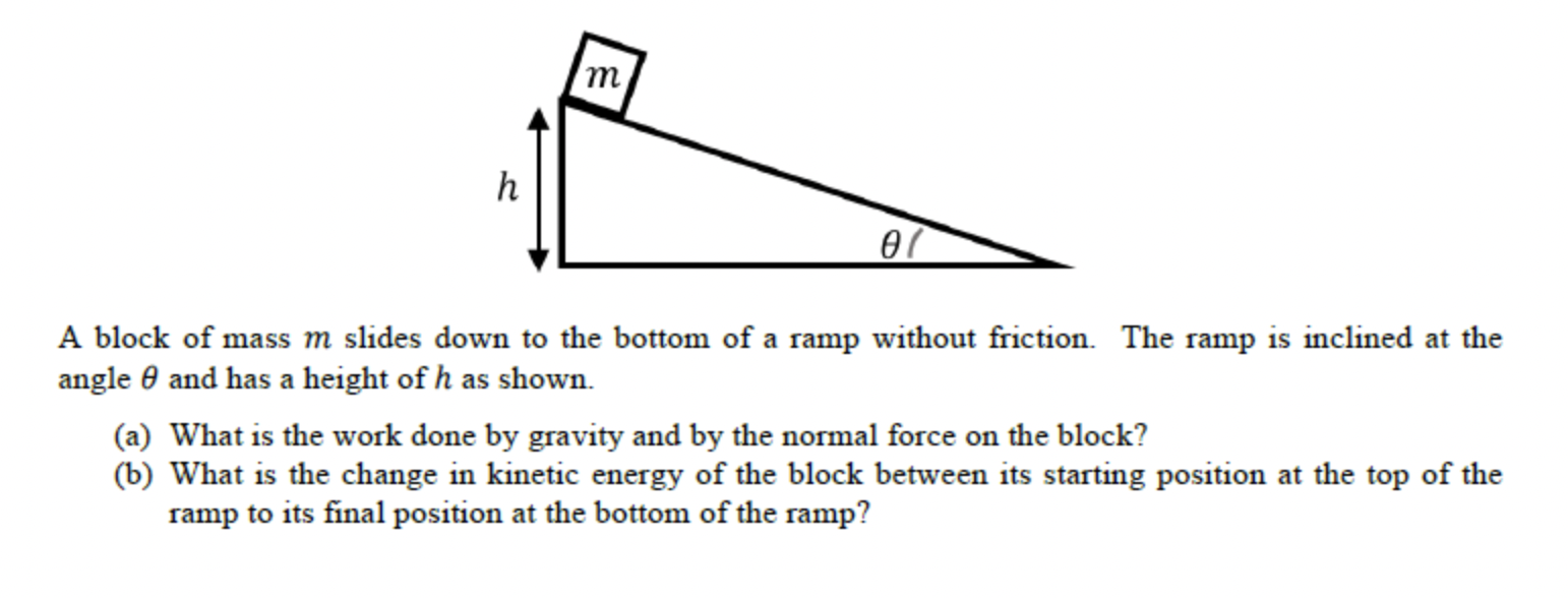 Solved A block of mass m slides down to the bottom of a ramp | Chegg.com