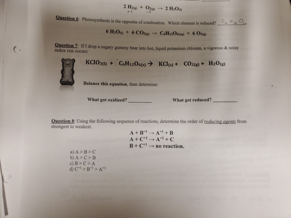 Solved 2 H2(g) + O2(g) → 2 H20 Question 6: Photosynthesis is | Chegg.com