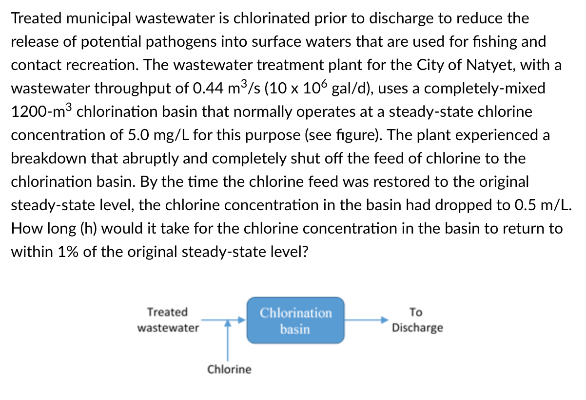 Solved Treated municipal wastewater is chlorinated prior to | Chegg.com