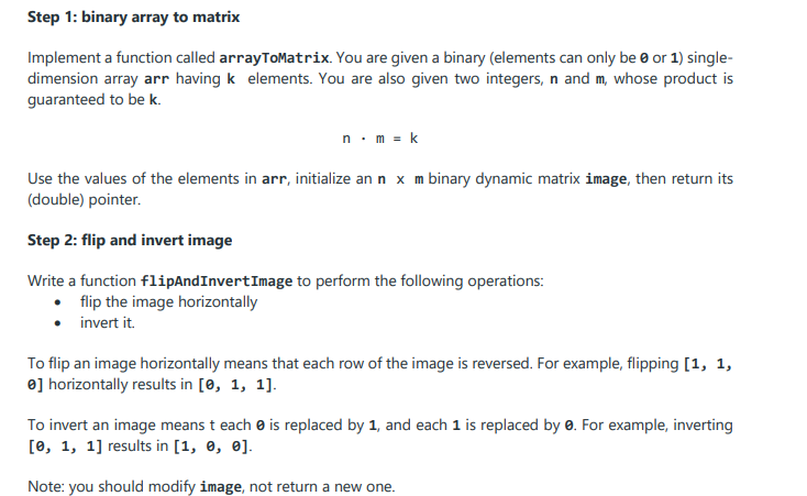 Solved Step 1: binary array to matrix Implement a function | Chegg.com